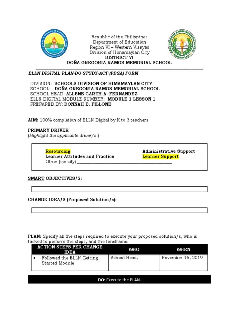 Elln Digital Plan-Do-Study-Act (Pdsa) Form: Action Steps Per Change ...