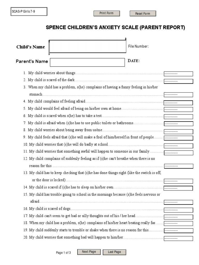 Spence Children'S Anxiety Scale (Parent Report) Child's Name | PDF | Anxiety Disorder | Mental ...