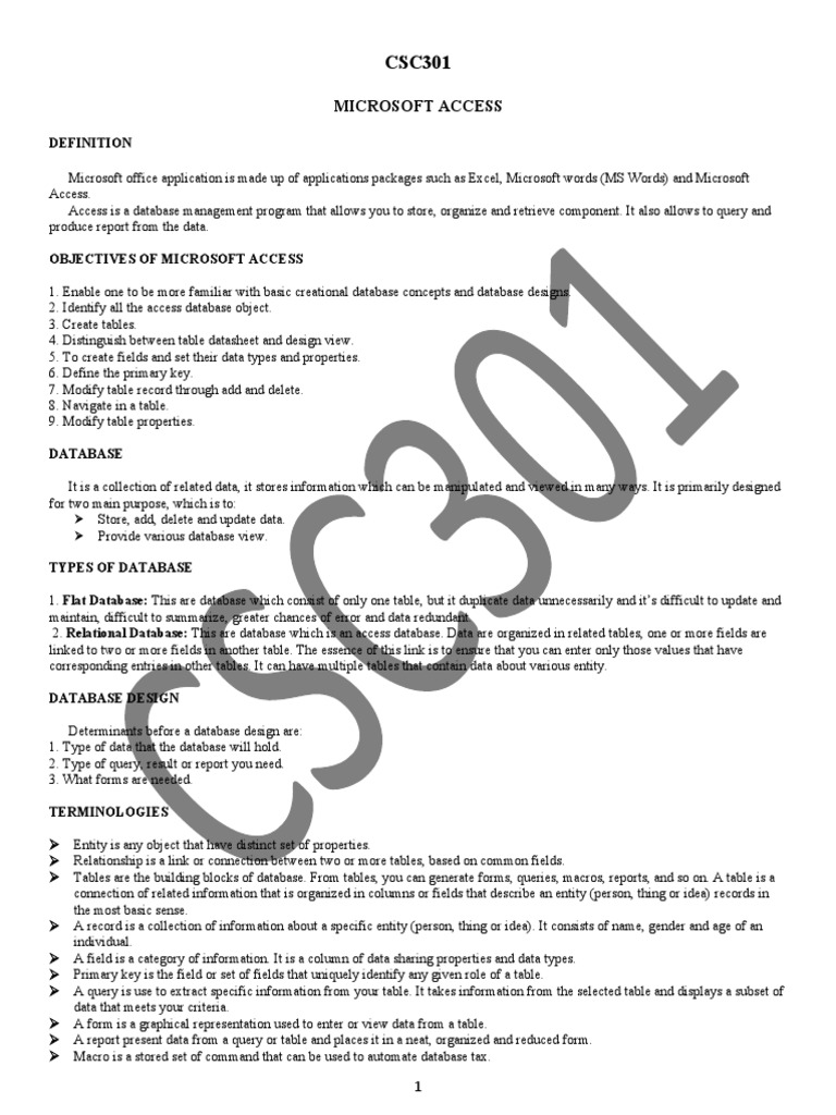 CSC 301 - Microsoft Access | PDF | Databases | Microsoft Access