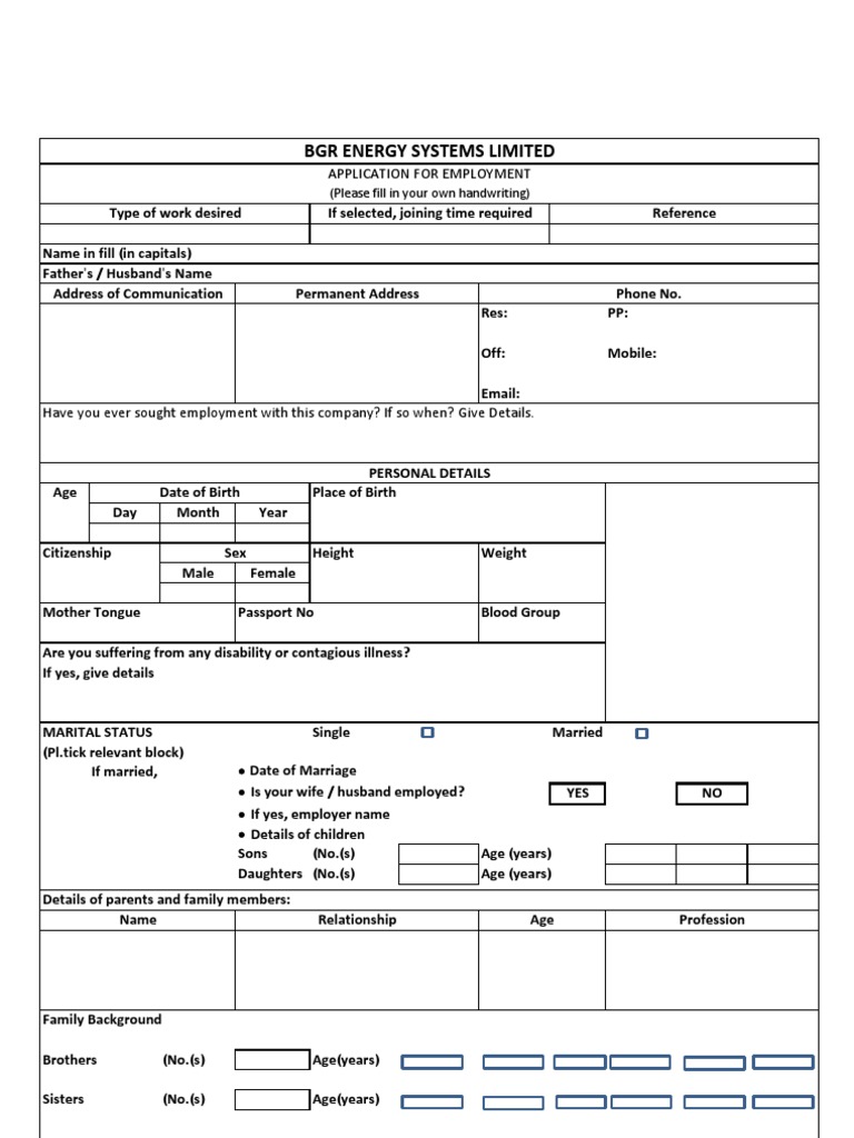BGR Energy Systems Limited: Application For Employment | PDF | Salary ...