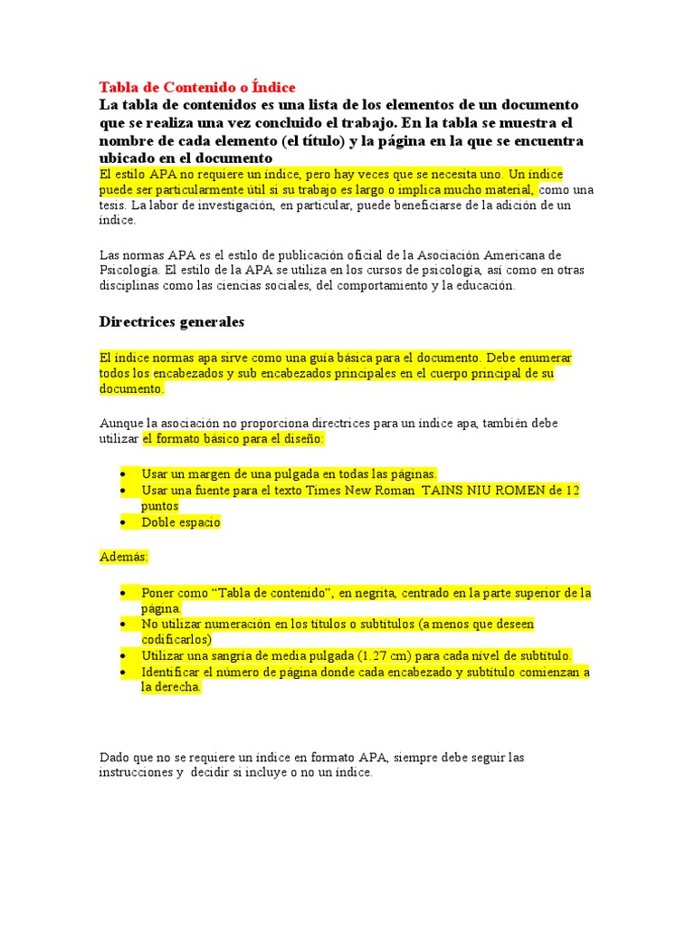 Tabla de Contenido o Índice | PDF | Estilo apa | Sicología