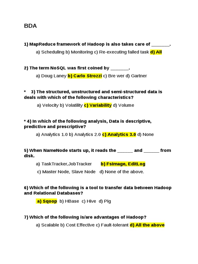 Bda MCQ | Download Free PDF | Apache Hadoop | Map Reduce
