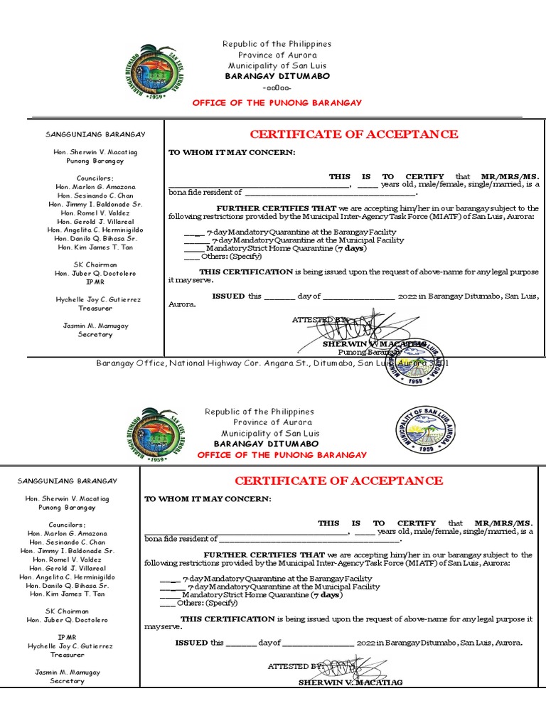 Barangay Certificate of Acceptance | PDF