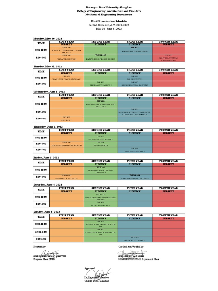 ME Final Exam Schedule 2022 | PDF | Engineering | Science