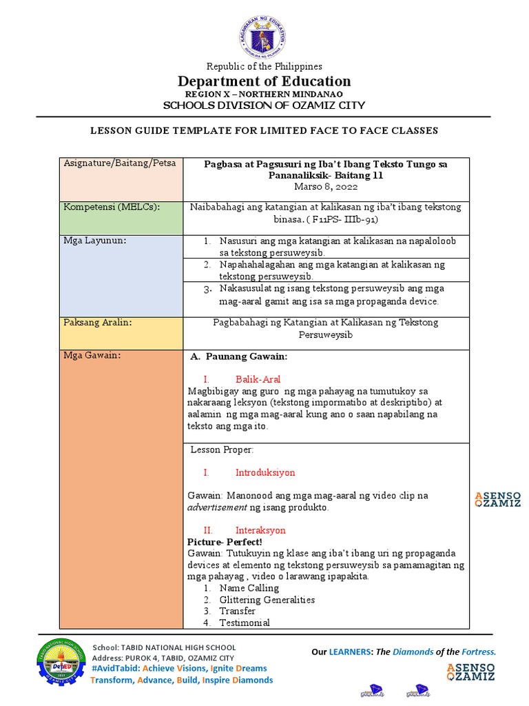 LESSON GUIDE Pagbasa Week 2 | PDF