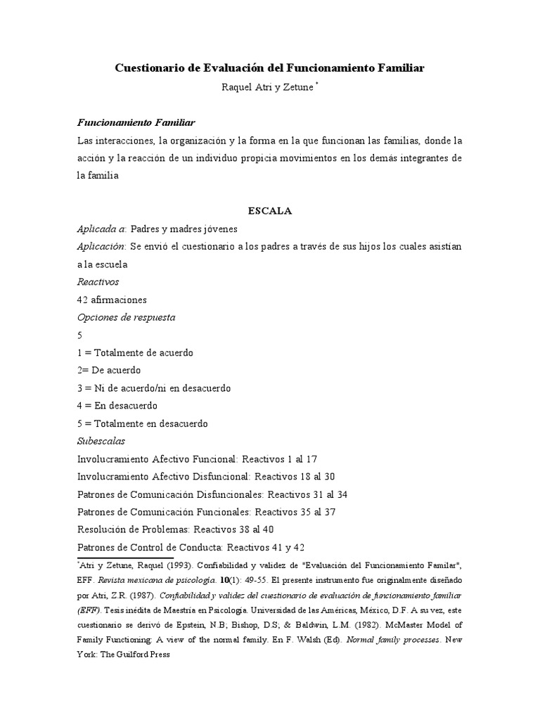 Cuestionario de Evaluación Del Funcionamiento Familiar | PDF | Validez (Estadísticas) | Sicología