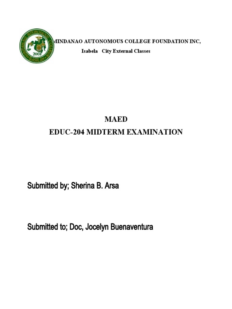 Submitted by Sherina B. Arsa: Maed Educ-204 Midterm Examination | PDF