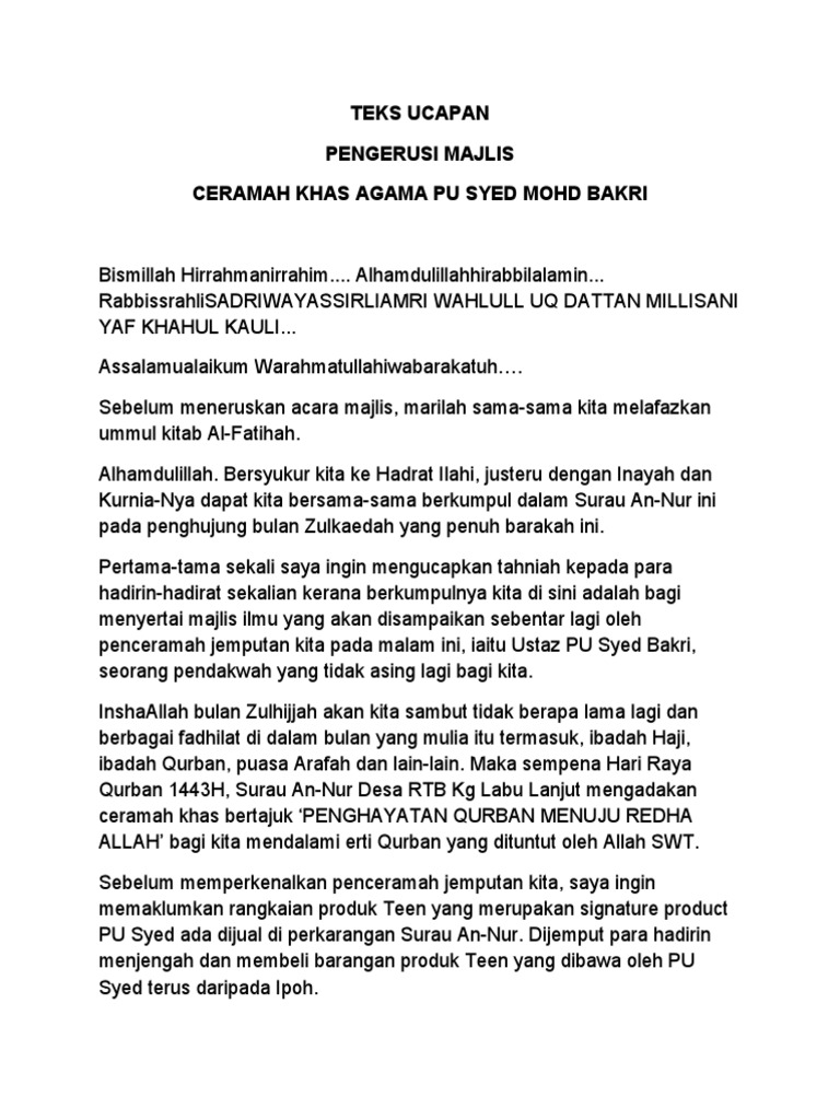 TEKS UCAPAN Pengerusi Majlis Ceramah Aga | PDF