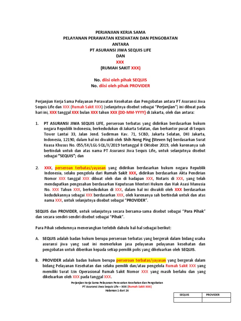 Draft Template PKS Pelayanan Kesehatan Dan Pengobatan - Revised Legal 29102021 | PDF