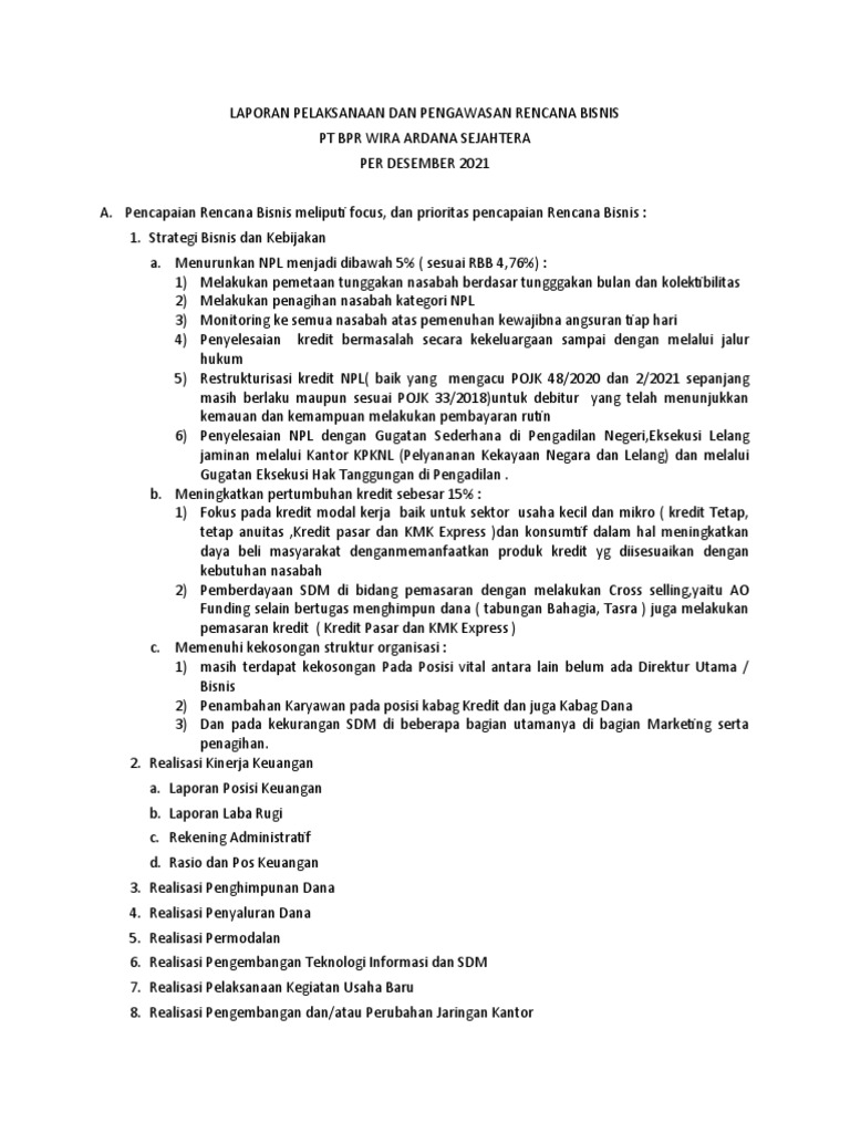 Laporan Pelaksanaan Dan Pengawasan Rencana Bisnis 2022 | PDF