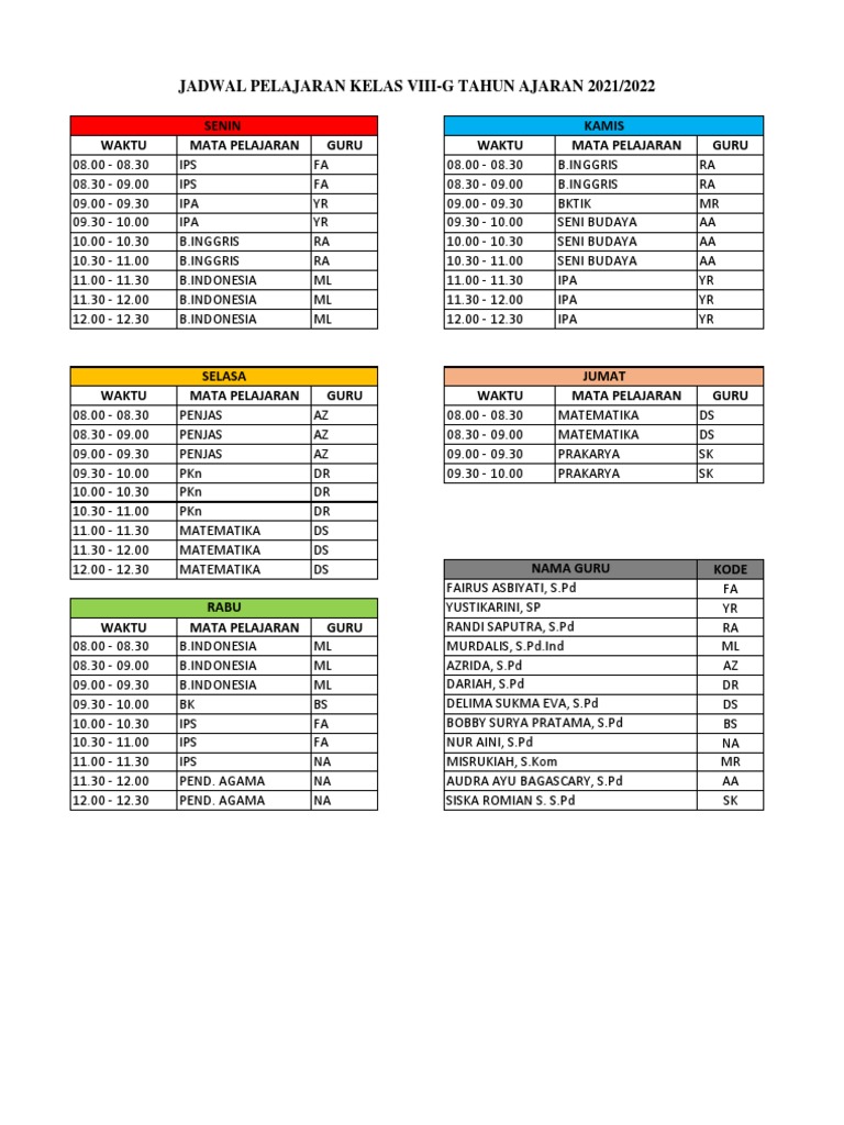 Jadwal Pelajaran Kelas 8G | PDF