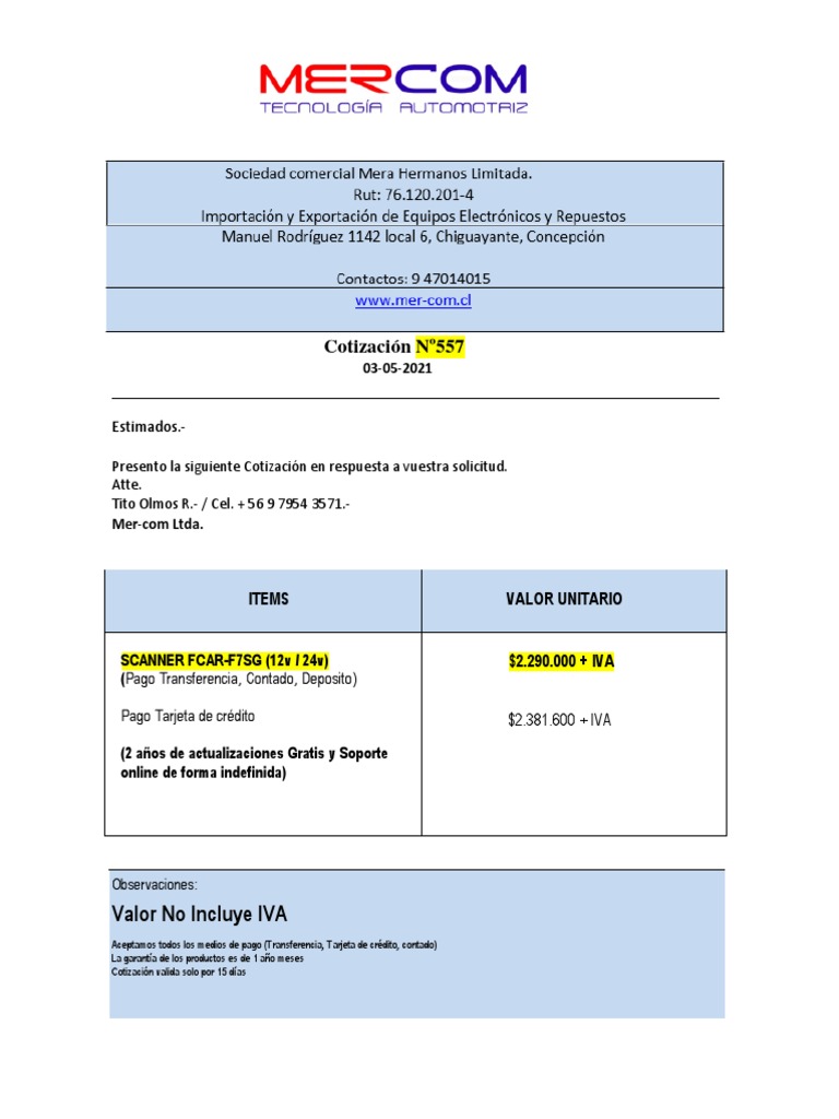 Cotización Scanner FCAR-F7SG 2021 | PDF | Coche | Transporte privado