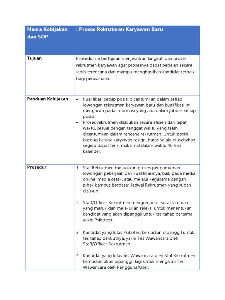 03 SOP Proses Rekrutmen Karyawan | PDF