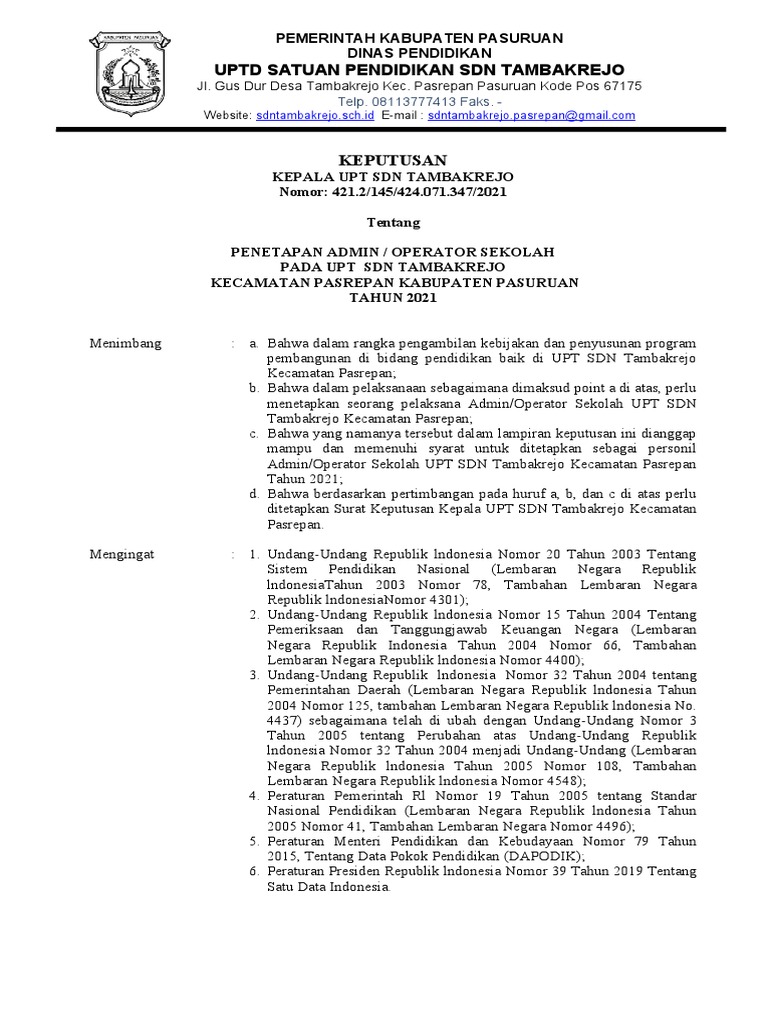 SK Operator Sekolah 2021 | PDF