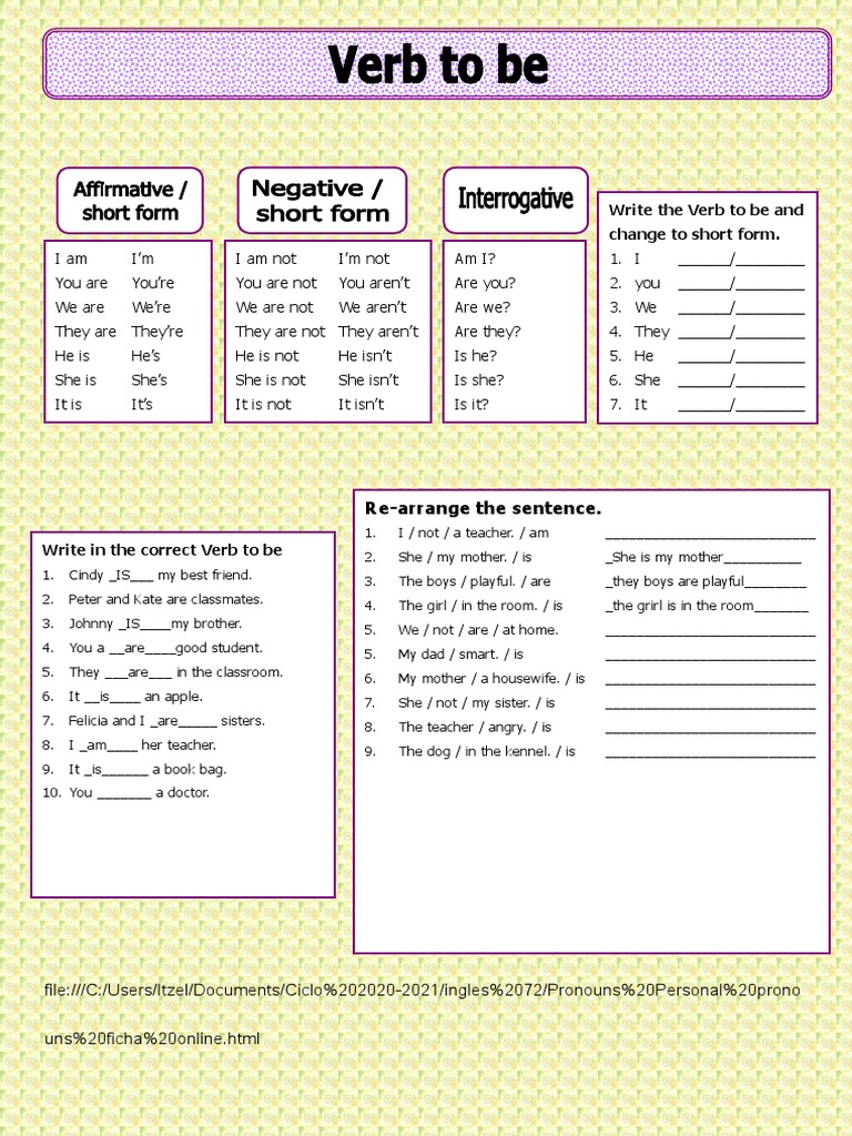Write The Verb To Be and Change To Short Form.: Re-Arrange The Sentence ...