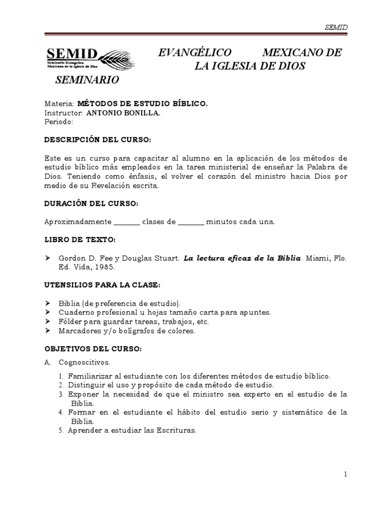 Métodos de Estudio Bíblico, Plan de Curso | PDF | Biblia | Verdad