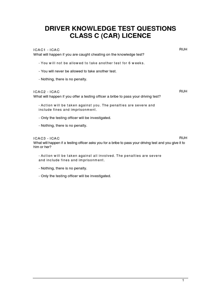 Driver Knowledge Test Questions Class C (Car) Licence | PDF | Traffic ...