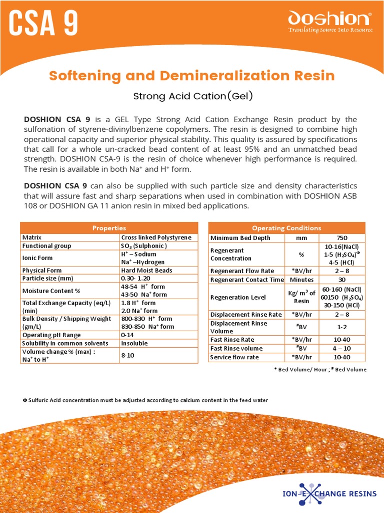 CSA+9 Data Sheet | PDF | Ion Exchange | Sodium