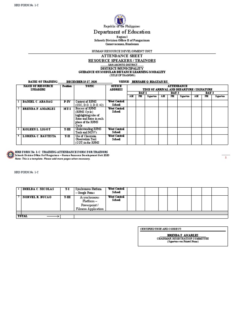 1 - DEPED PANG 2 HRD FORM-NO 1-C TRAINING ATTENDANCE FORM FOR TRAINORS ...