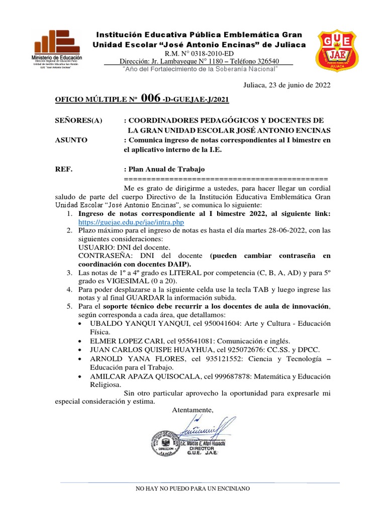 Oficio Múltiple 006 - Ingreso de Notas Aplicativo Intranet | PDF | Ciencias sociales | Bienestar