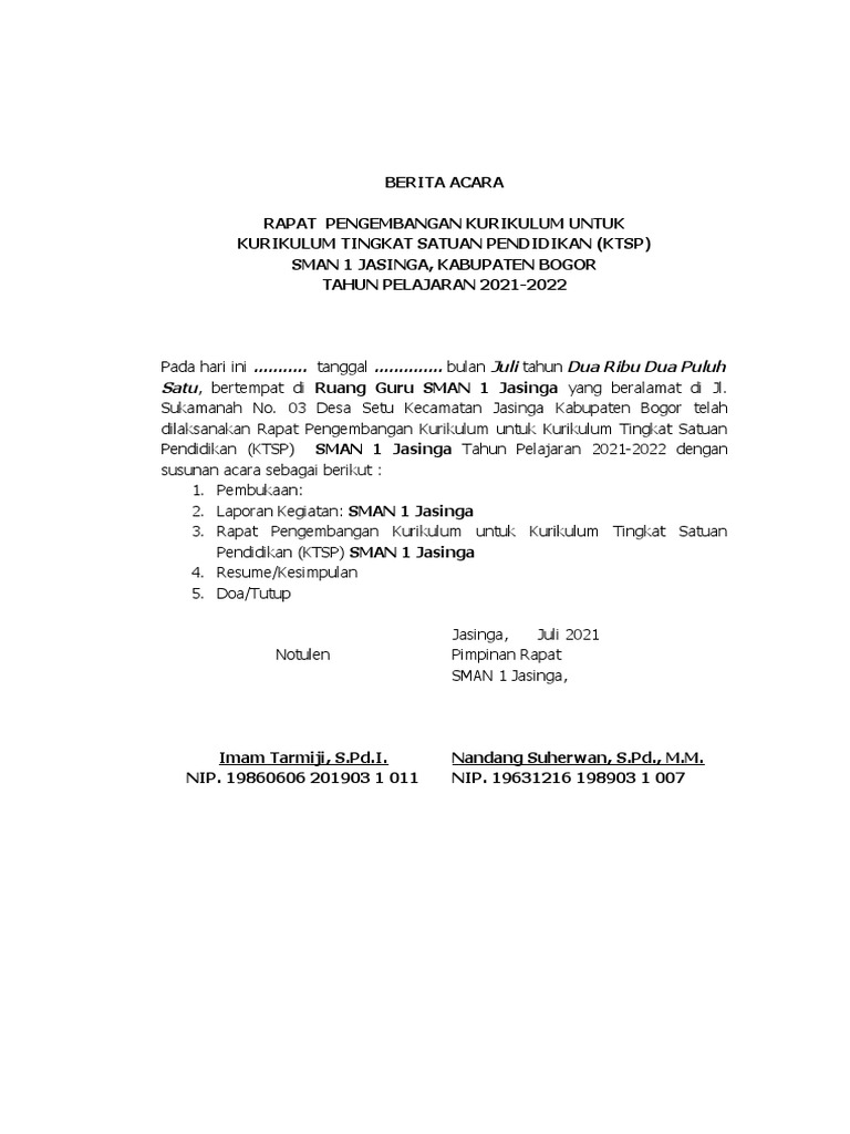 Berita Acara Rapat Kurikulum SMAN 1 Jasinga | PDF