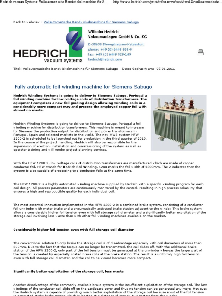 Hedrich Vacuum Systems Vollautomatische Bandwickelmaschine Für Siemens ...