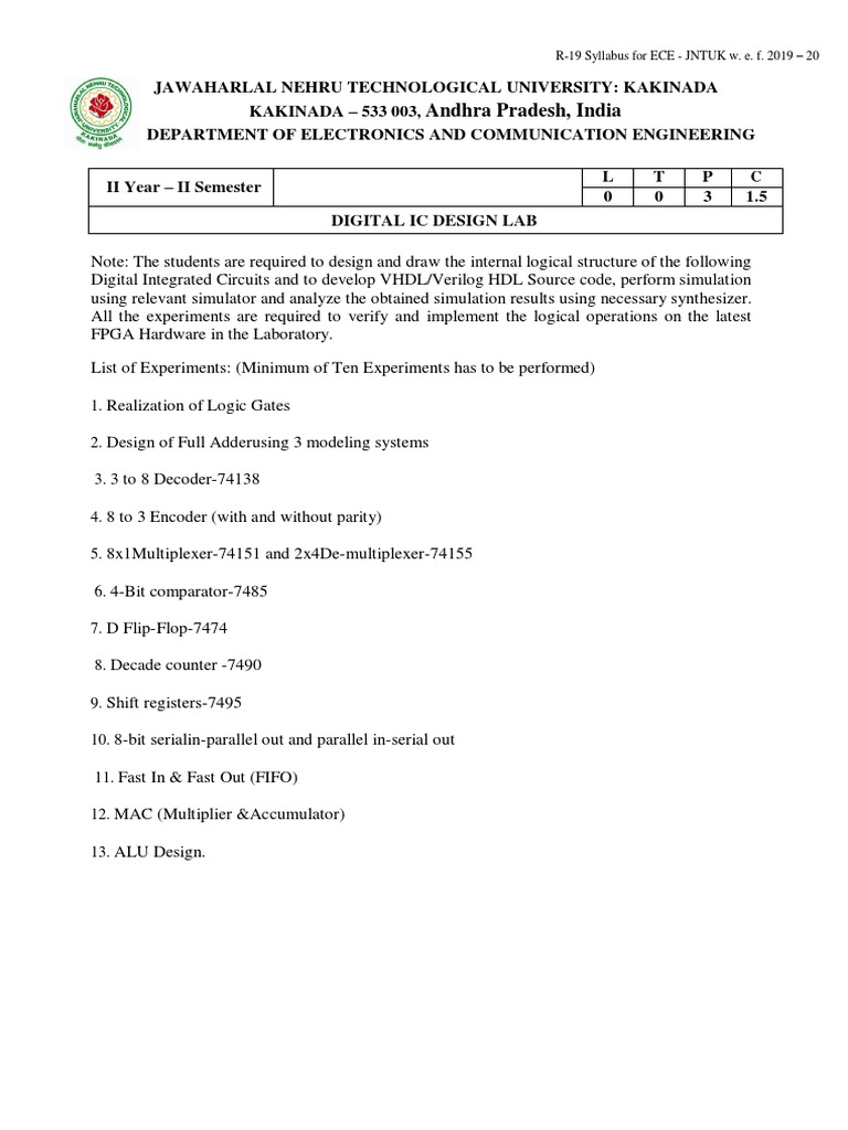 Ii Year Ii Semester L T P C 1 5 Digital Ic Design Lab Pdf