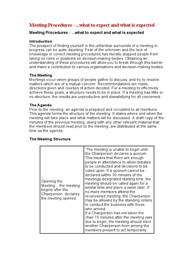 Meeting Procedures - ... What To Expect and What Is Expected | PDF ...
