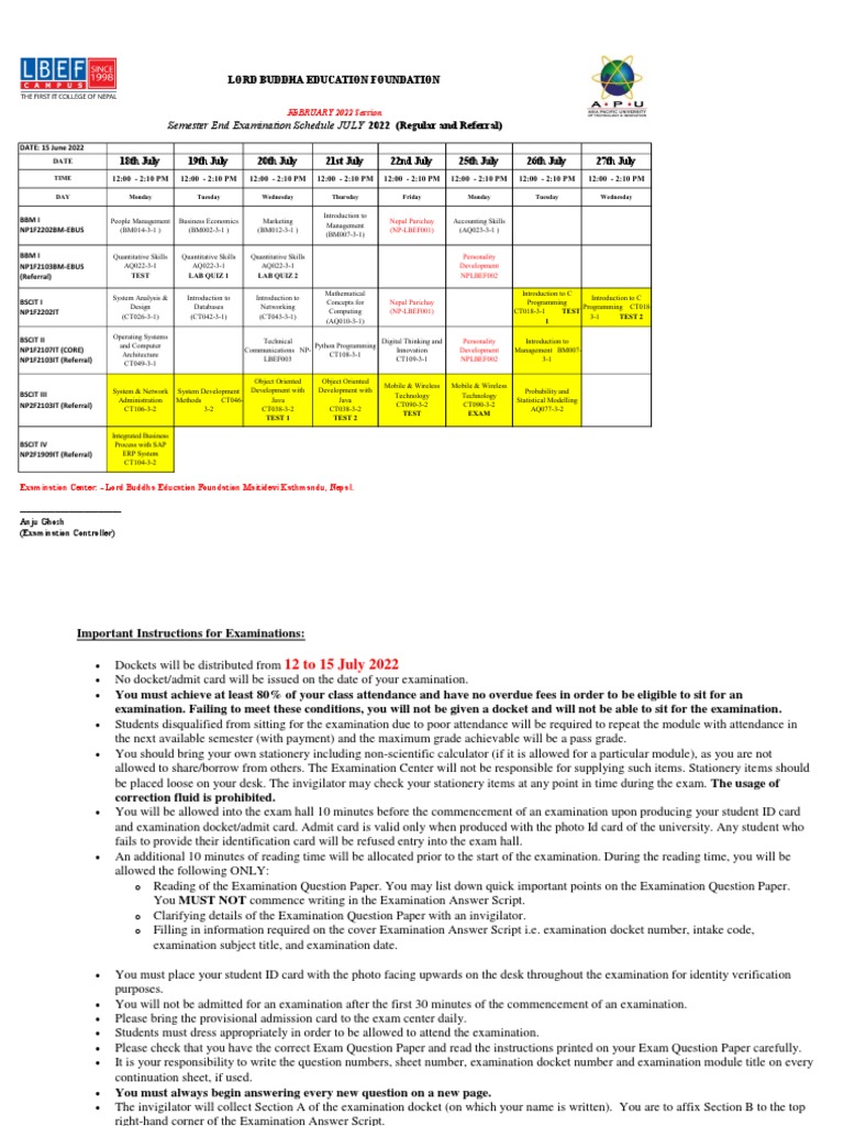 Semester End Examination Schedule JULY 2022 (Regular and Referral ...