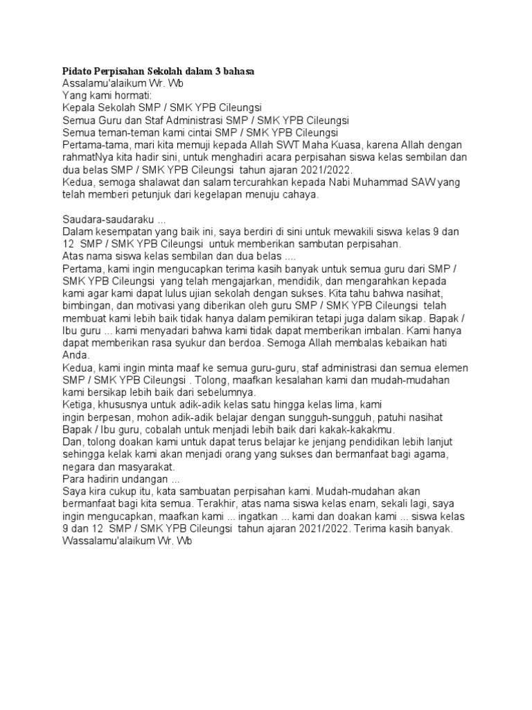 Pidato 3 Bahasa Perpisahan | PDF | Karier & Perkembangan | Gaya Hidup