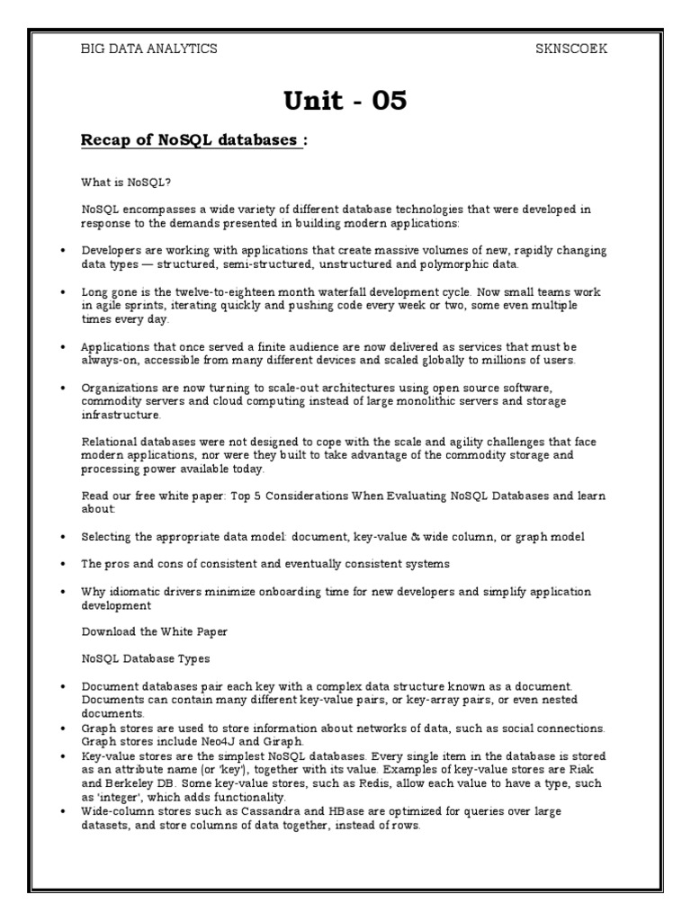 Unit - 05: Recap of Nosql Databases | PDF | Map Reduce | Databases