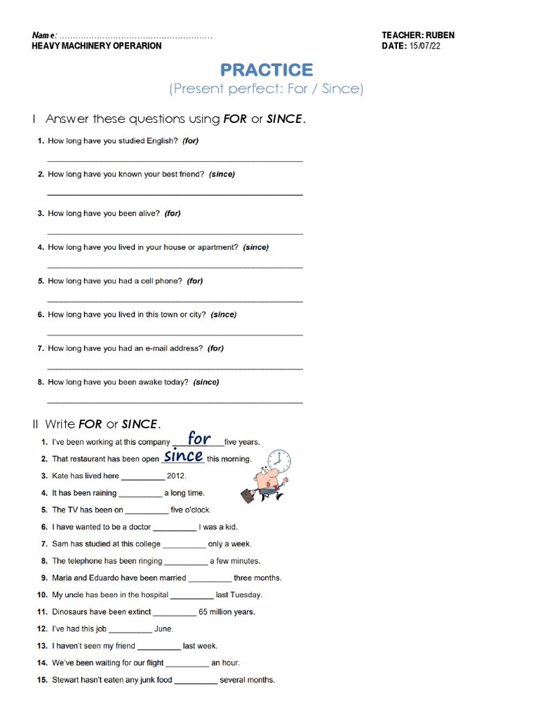 Present Perfect For Since Practice | PDF | Computers