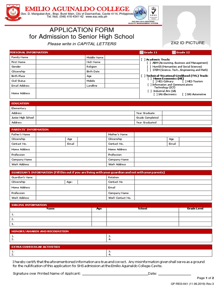 Application Form For Admission To Senior High School: Emilio Aguinaldo ...