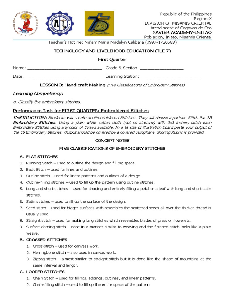 1st Quarter LESSON 3 HANDICRAFT MAKING Grade 7 | PDF | Embroidery ...