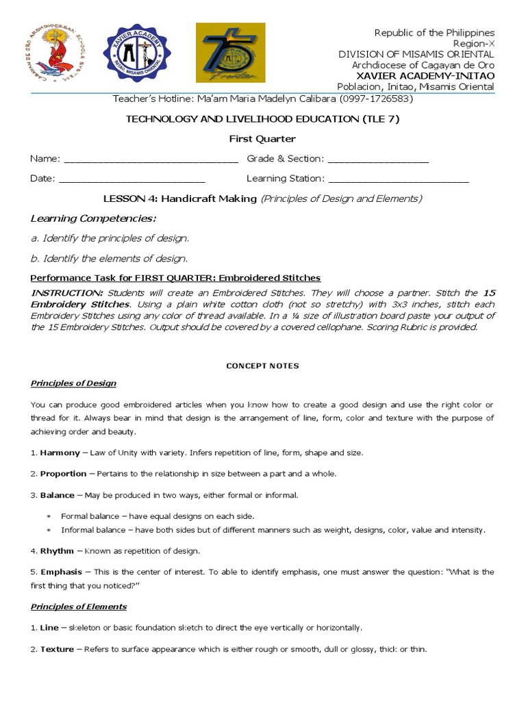 TLE 7: Handicraft Design Principles | PDF | Color | Embroidery