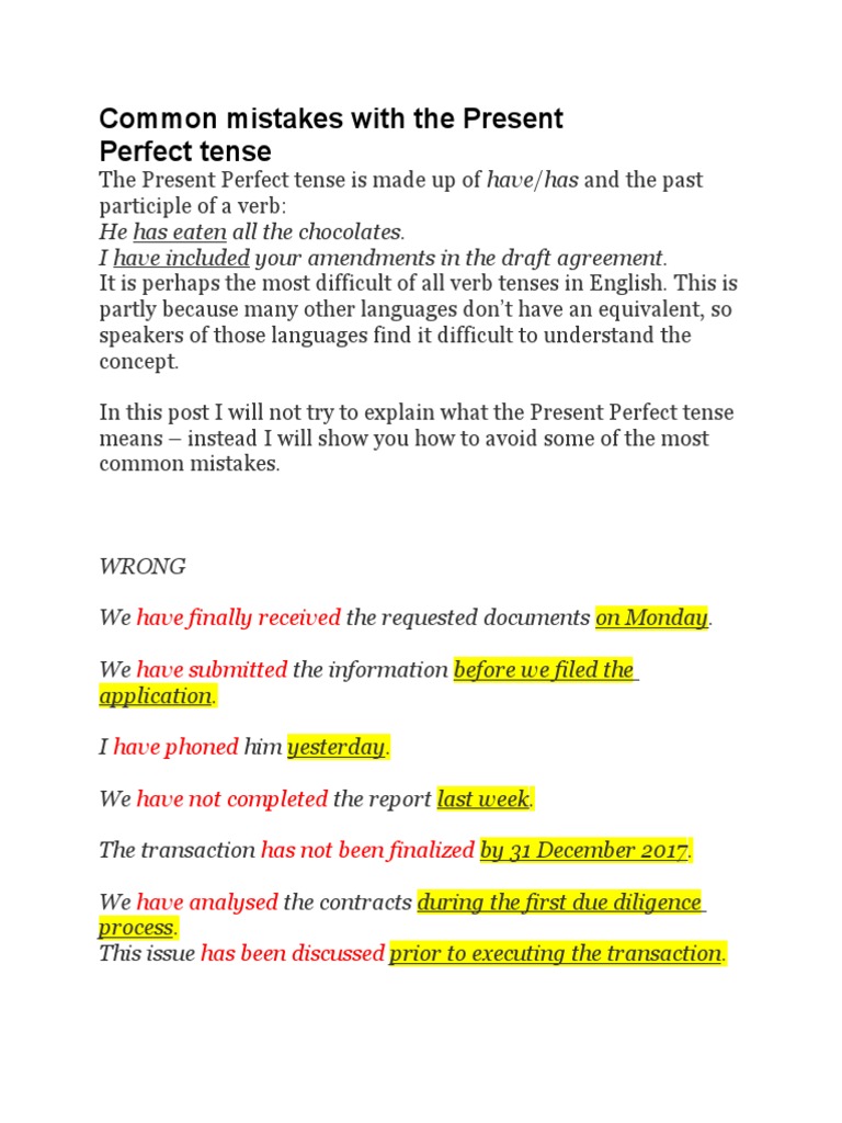 Common Mistakes of Present Prefect Tense | PDF | Verb | Perfect (Grammar)