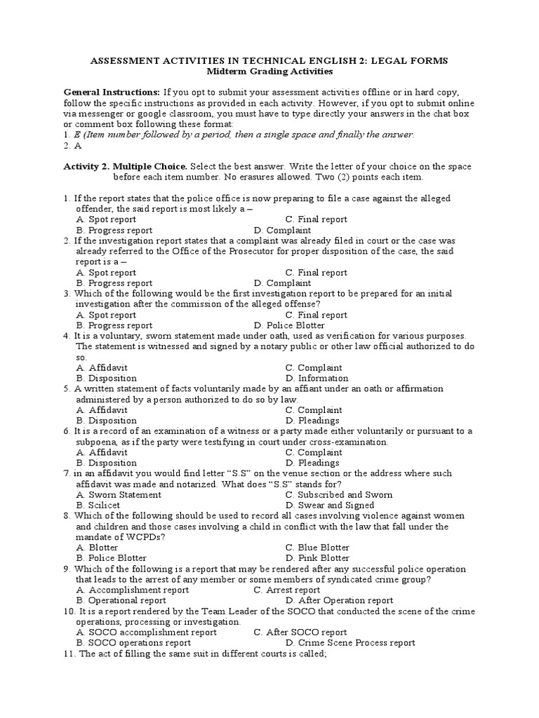 Assessment Activities in Technical English 2 | PDF | Affidavit | Complaint
