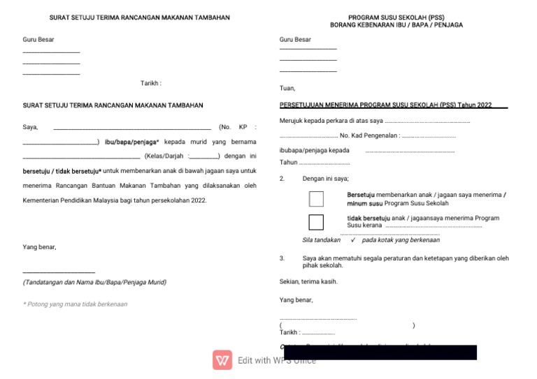 Surat Setuju Terima RMT & Pss | PDF