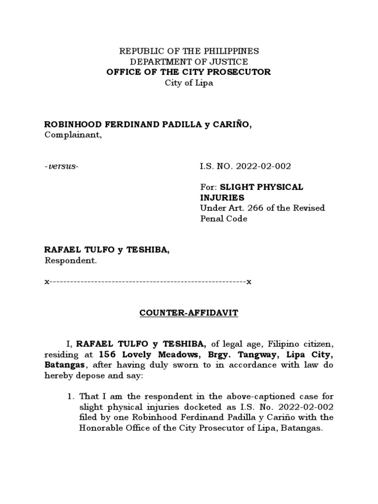 Counter-Affidavit for Slight Injury Case | PDF | Affidavit | Legal ...