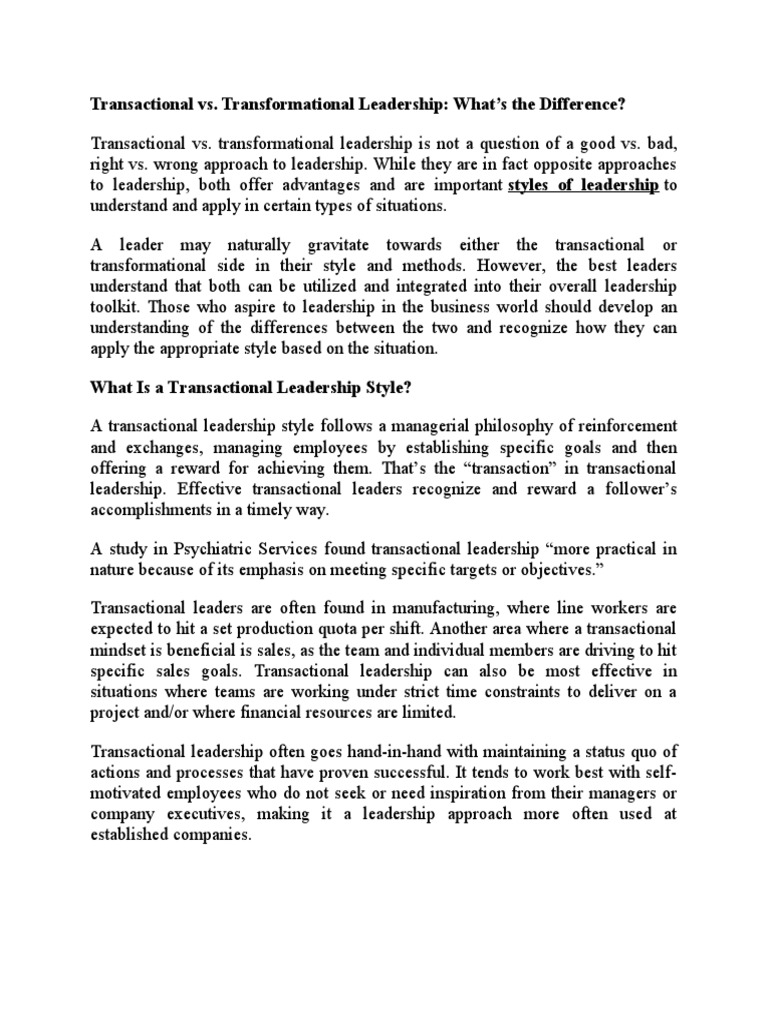 Transactional Vs Transformational | PDF | Leadership | Transformational ...