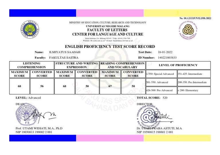 English Proficiency Test Score Record: Faculty of Letters Center For ...