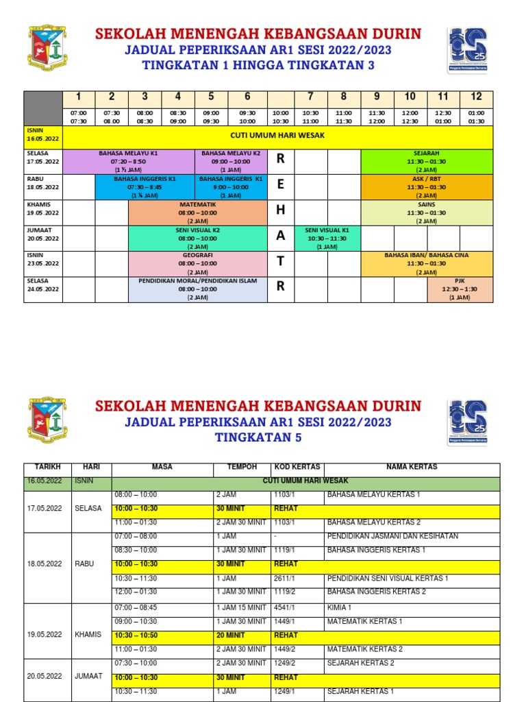 Jadual Waktu Peperiksaan Ar1 Tahun 2022888 | PDF