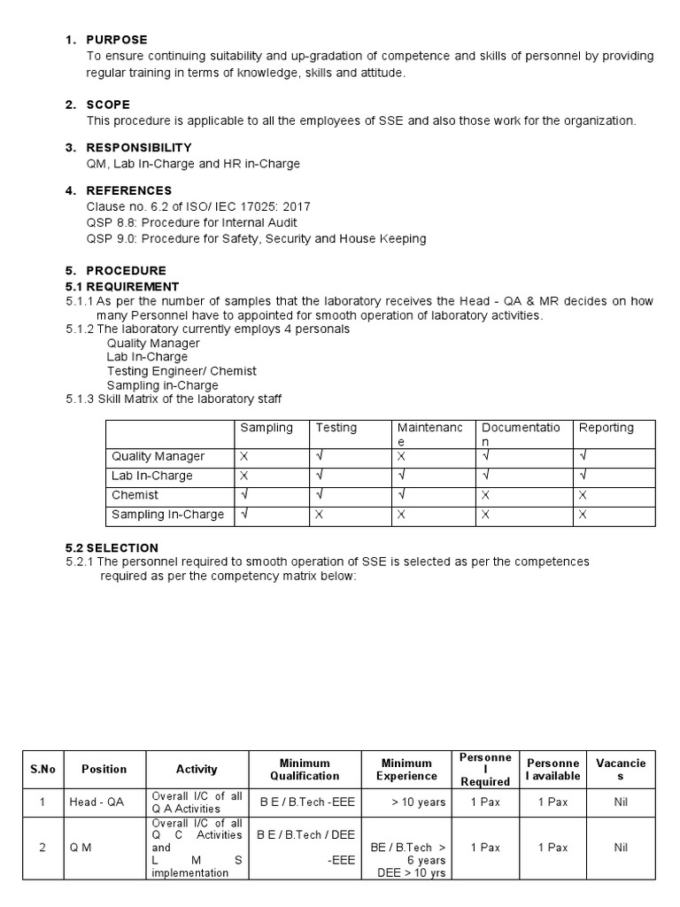 Procedure for Selection, Training and Competence Management of ...