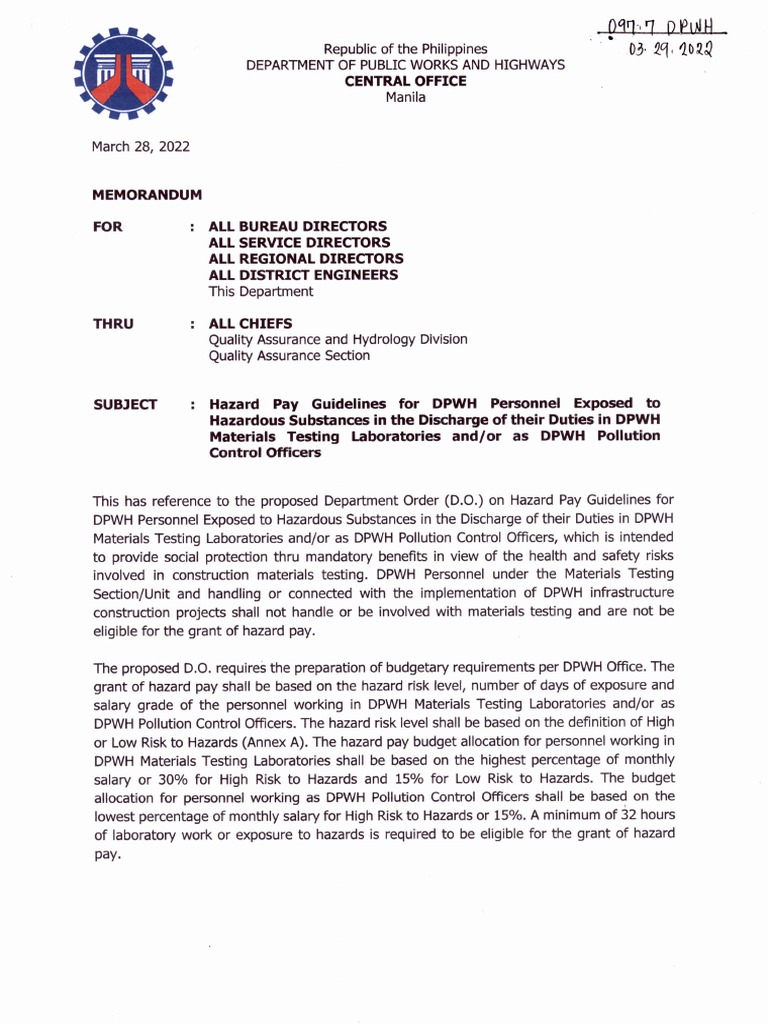 DPWH Hazard Pay Guidelines Memo | PDF | Dangerous Goods | Laboratories