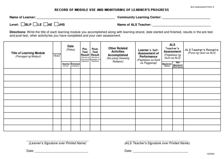 ALS Assessment Form 2 | PDF | Learning | Behavior Modification