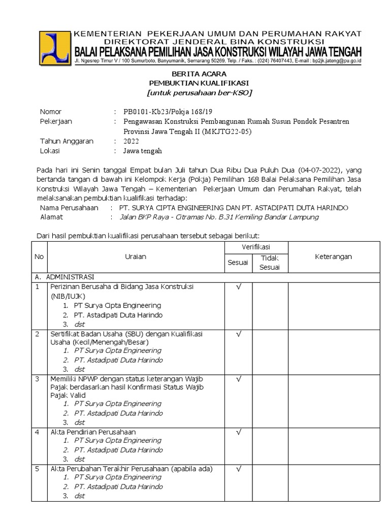 Pembuktian Kualifikasi KSO Surya Cipta | PDF