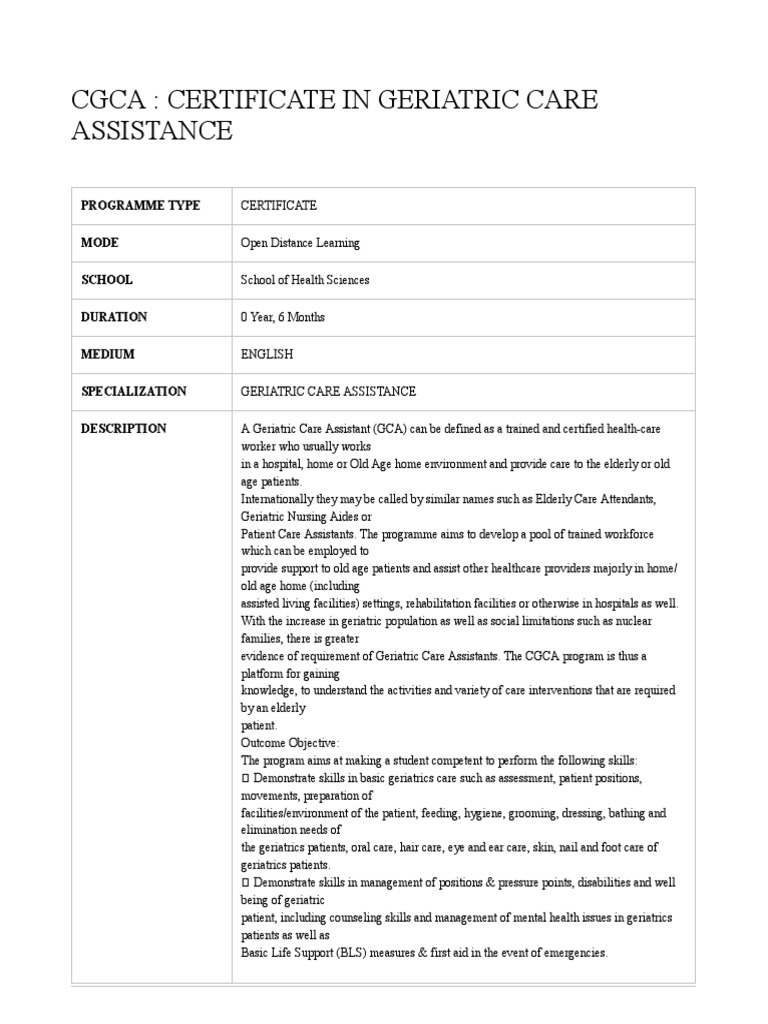 Certificate in Geriatric Care Assistance Details | PDF | Gerontological ...