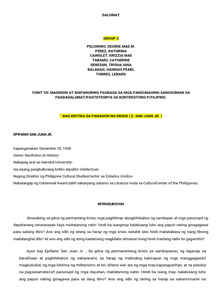 Group 3 Dalumat Kritika Sa Panahon NG Krisis Ni E. San Juan Jr. | PDF