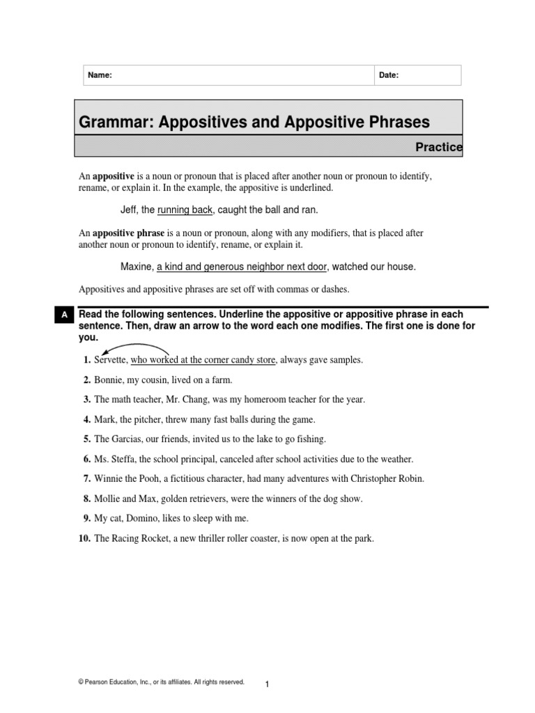 Appositives And Appositive Phrases Practice