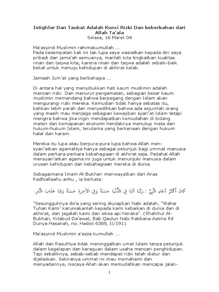 Istighfar Dan Taubat Adalah Kunci Rizki Dan Keberkahan Dari Allah Ta ...